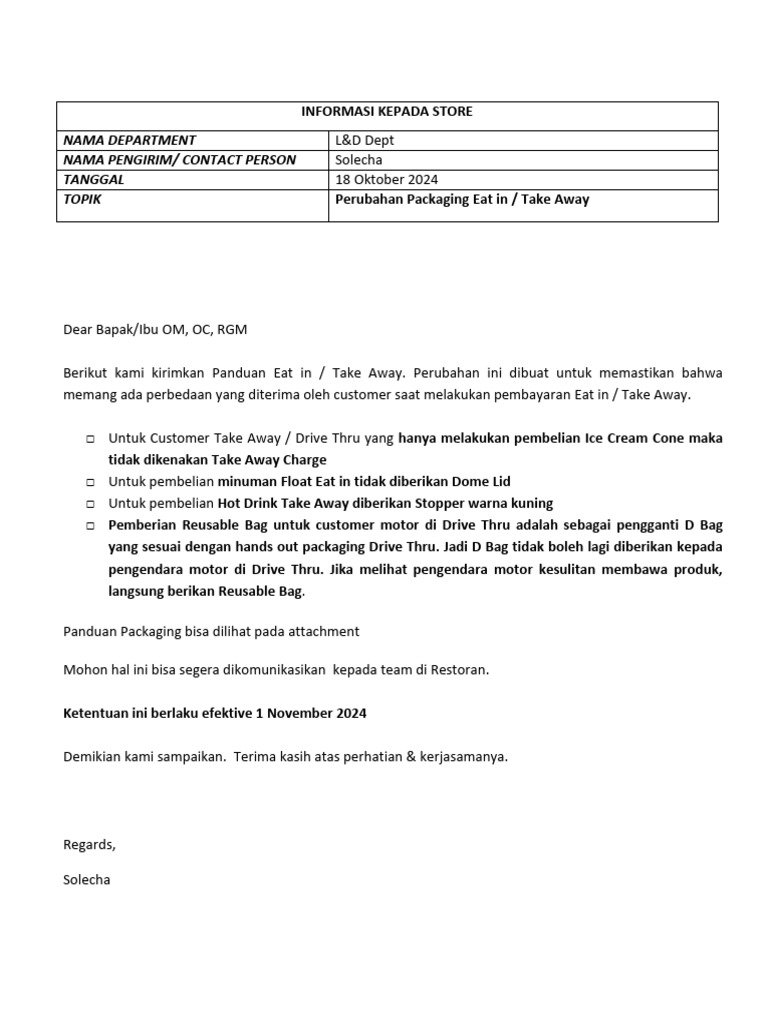 Memo Eat in & Packaging Take Away | PDF