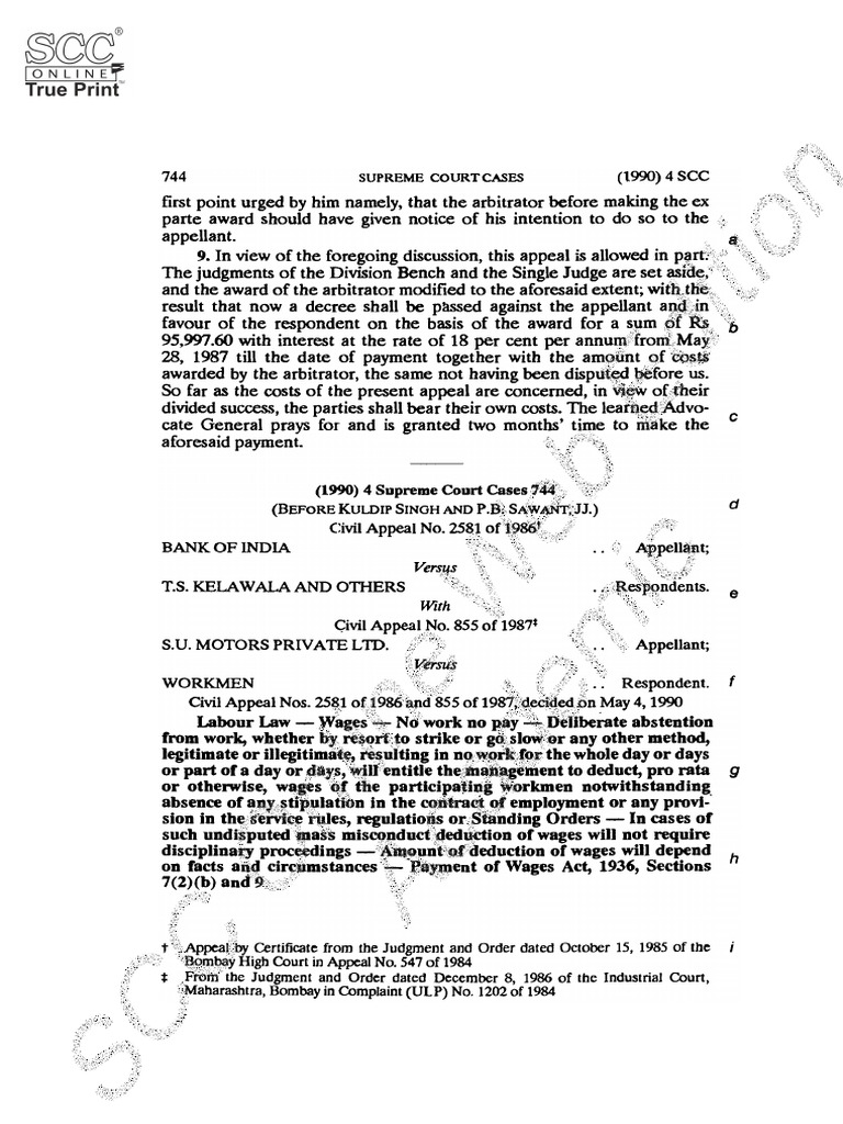 Bank of India v. T.S. Kelawala, (1990) 4 SCC 744 | PDF | Separation Of Powers | Government ...