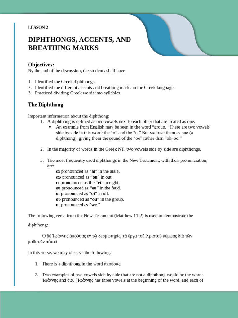Lesson 2 Diphthongs Accents and Breathing Marks | PDF | Stress (Linguistics) | Syllable