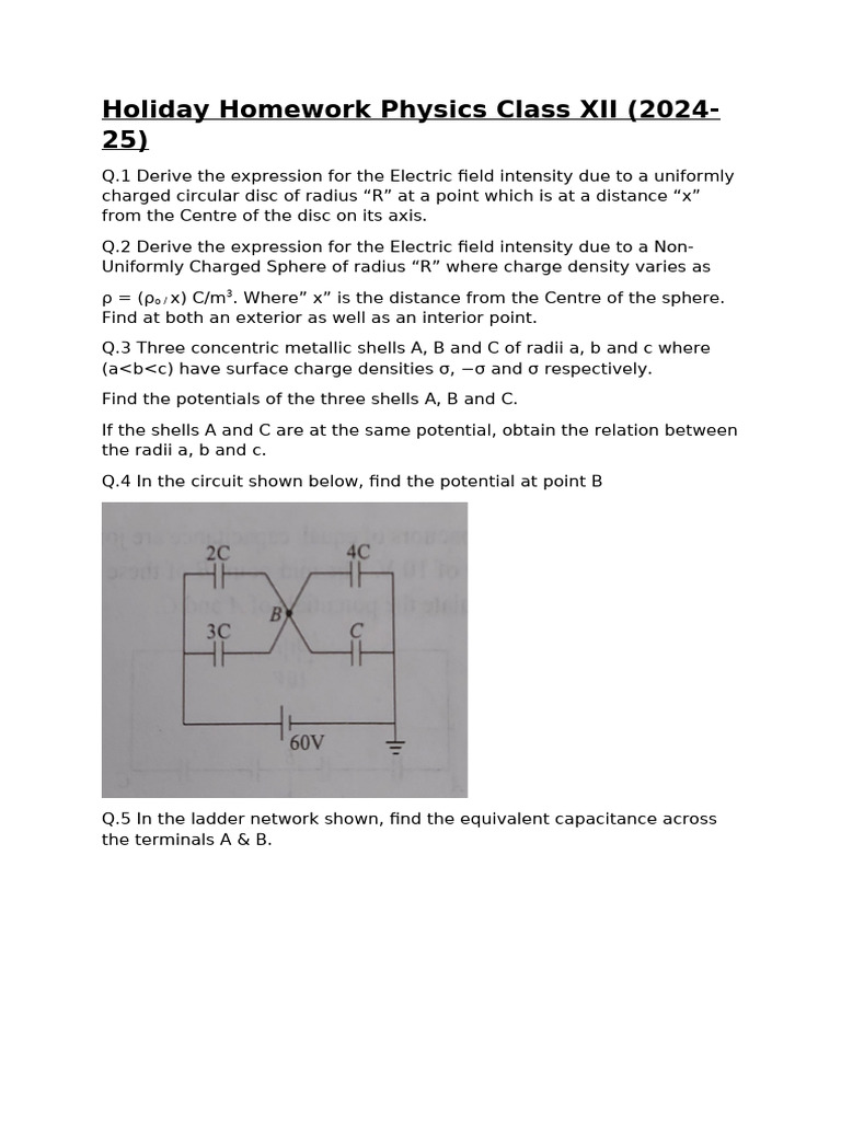 HHW Physics Class XII 2024 | PDF | Sphere | Radius