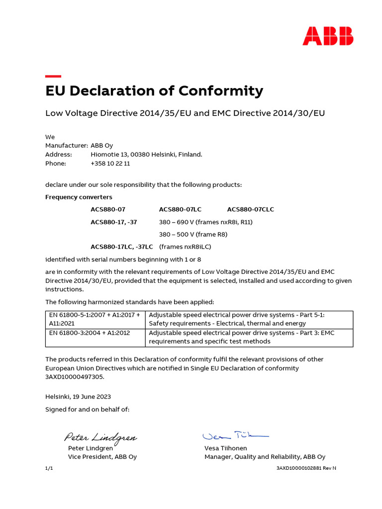 ABB ACS880 Conformity Declaration | PDF | Electromagnetic Compatibility ...