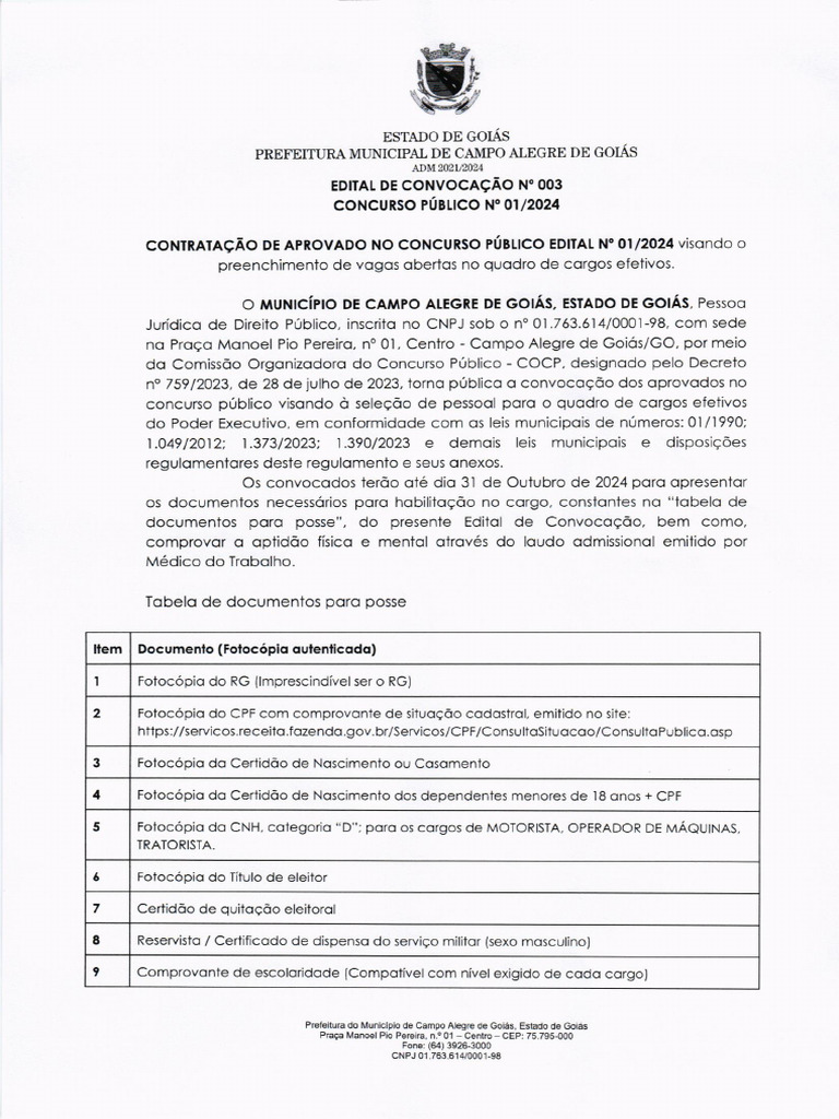 EDITAL DE CONVOCACAO No003 CONCURSO PUBLICO No01 2024 | PDF