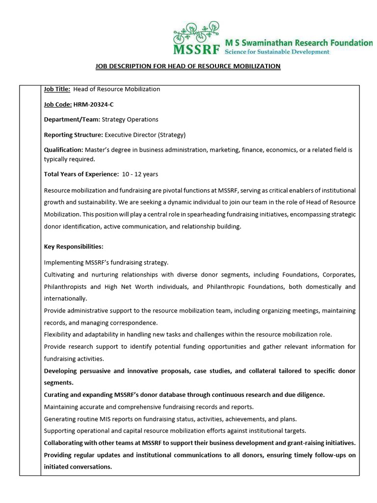 Head Resource Mobilizer 20.03.2024 | PDF | Fundraising | Business