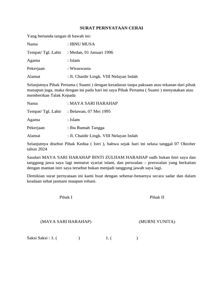 SURAT PERNYATAAN CERAI | PDF