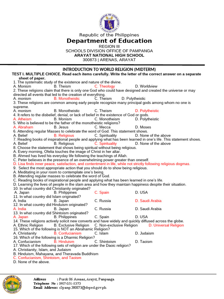 Introduction To World Religion 11 Q3 22-23 | PDF | Monotheism | Theism
