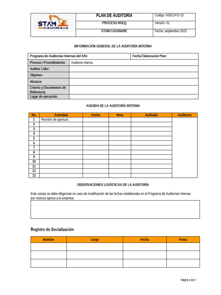 Hseq-Fo-10 Formato Plan de Auditoría | PDF