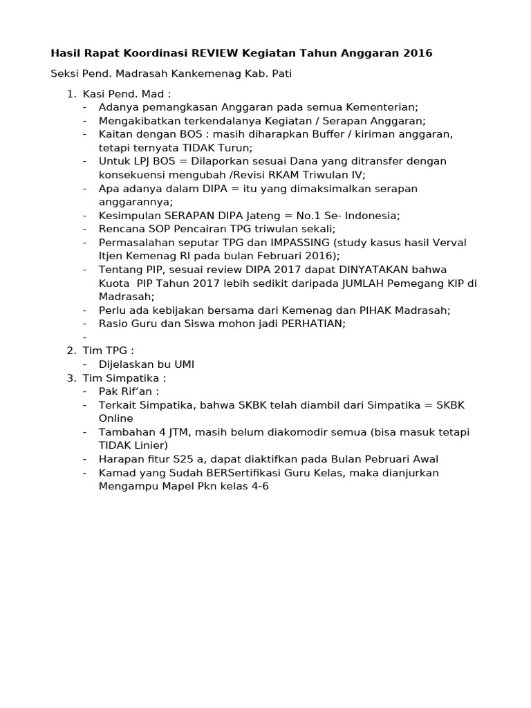 Hasil Rapat Koordinasi REVIEW Kegiatan Tahun Anggaran 2016 | PDF