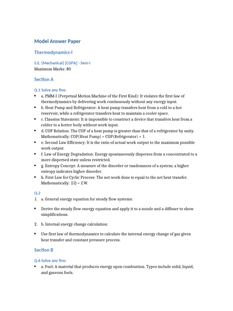 Model Answer Paper Thermodynamics-I | PDF | Heat | Entropy