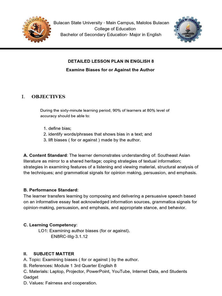 Examining biases DETAILED LESSON PLAN | PDF | Bias | Teachers Examining biases DETAILED LESSON PLAN | PDF | Bias | Teachers