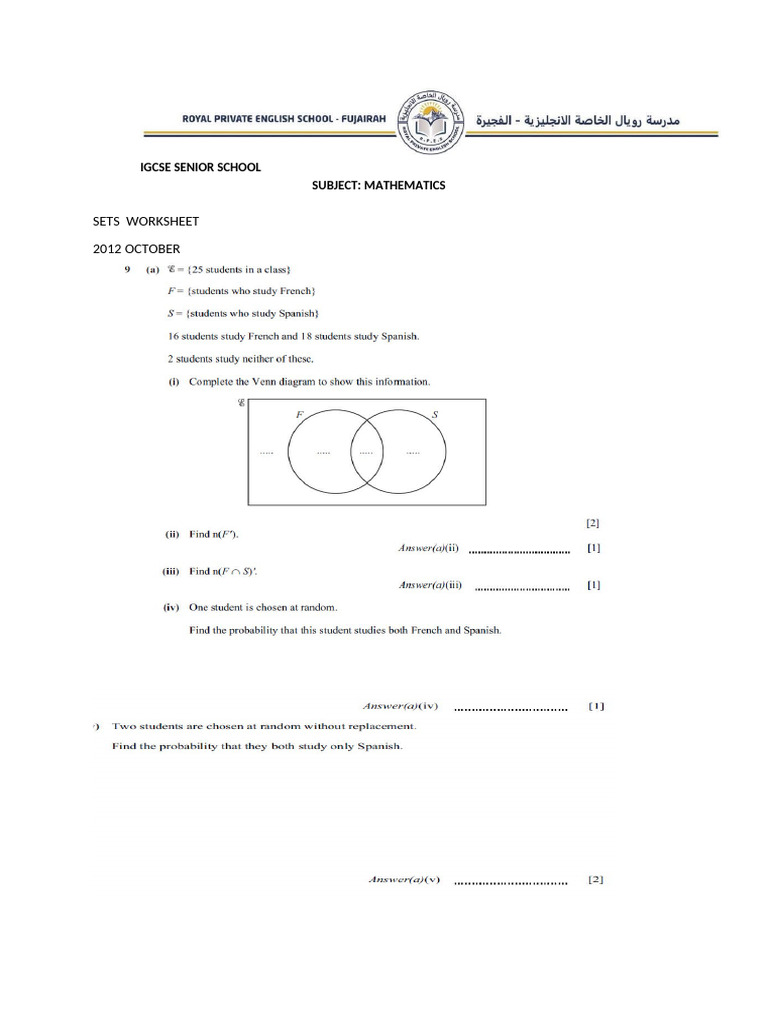 Sets Worksheet | PDF
