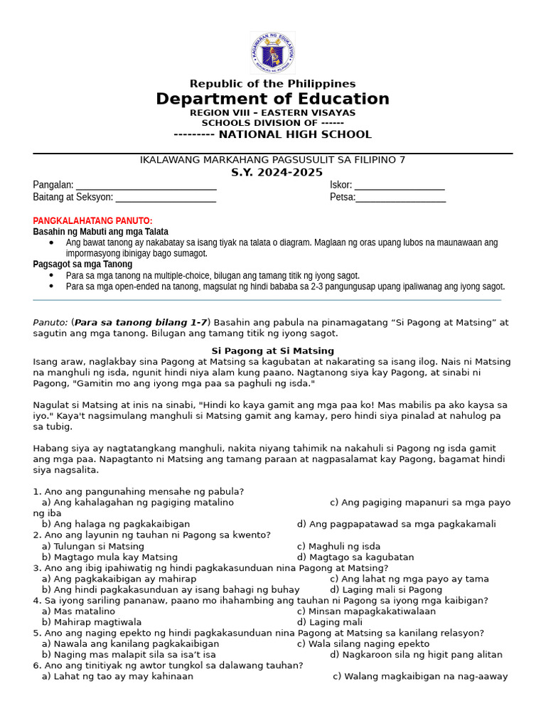 FILIPINO 7 Q2-Exam-PISA (50 Items) | PDF