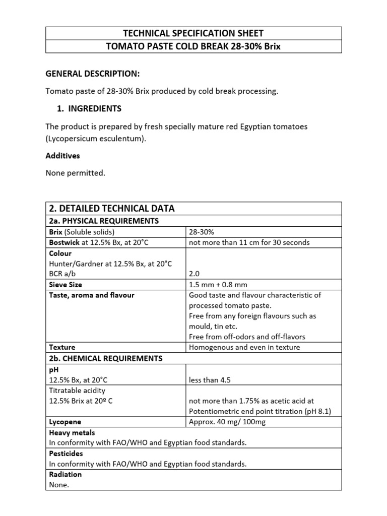 Technical Specification Sheet Tomato Paste | PDF | Pallet | Tomato