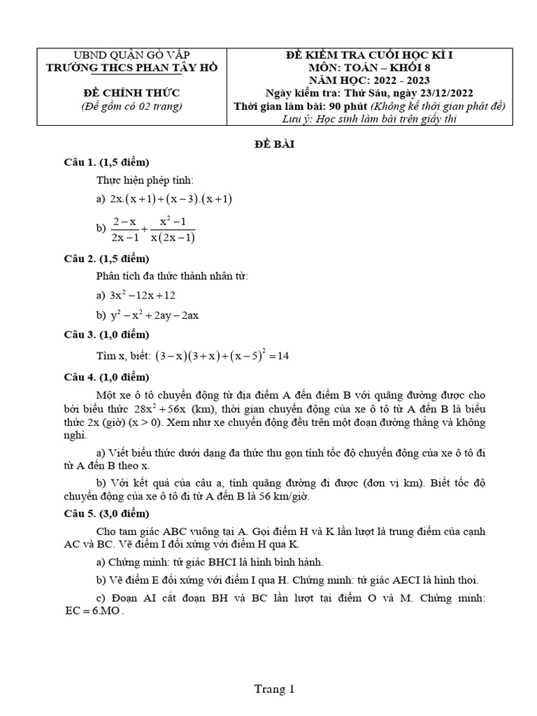 De Cuoi Hoc Ki 1 Toan 8 Nam 2022 2023 Truong Thcs Phan Tay Ho Tp Hcm | PDF