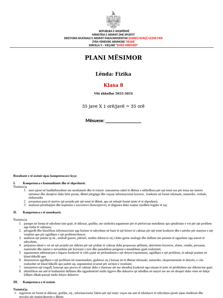 Plani Fizika 8-Erik - OK-2022 | PDF