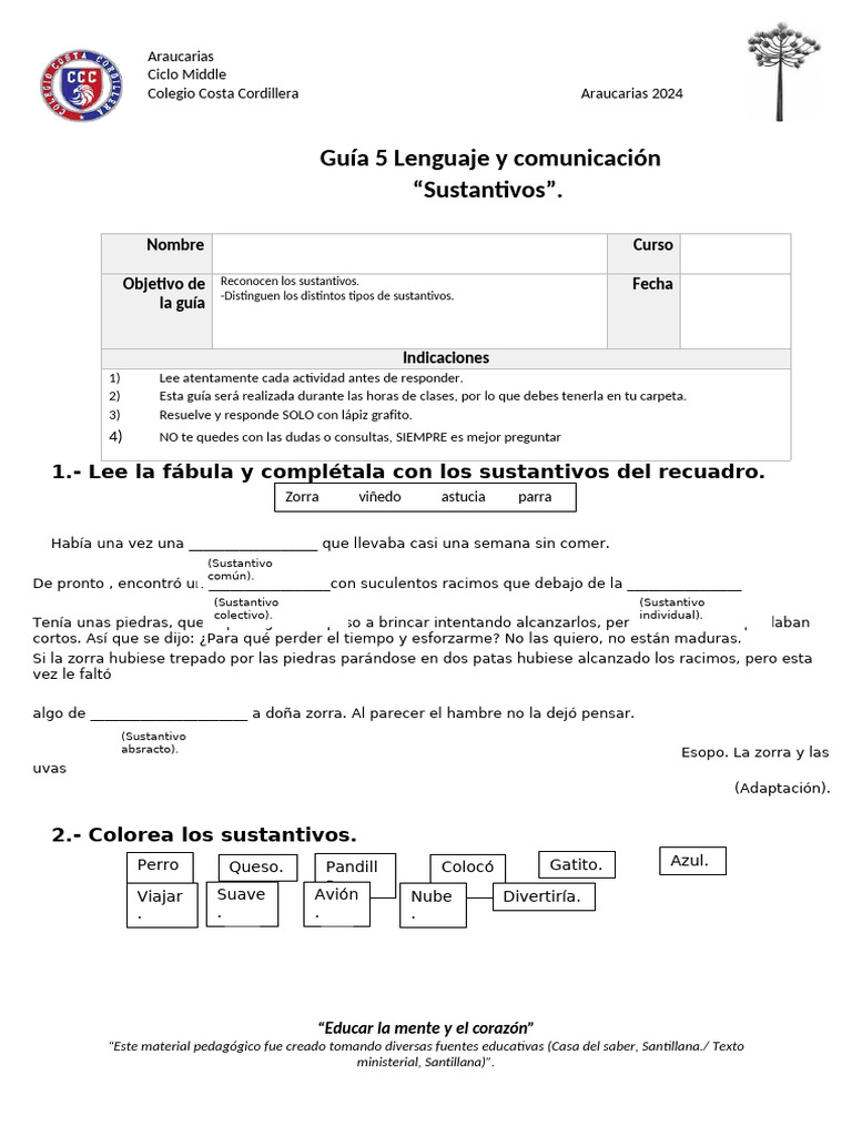 Guía 5, sustantivos, Unidad 1 el cuento. | PDF Guía 5, sustantivos, Unidad 1 el cuento. | PDF