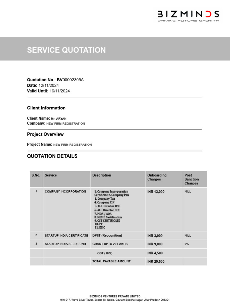 Service Quotation - Mr. Aryan | PDF | Financial Services | Services ...