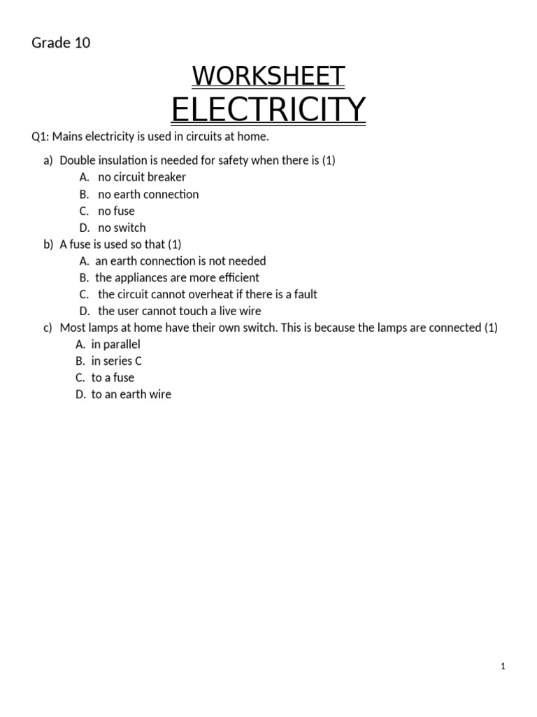 Grade 10 Electricity Worksheet | PDF | Electrical Resistance And ...