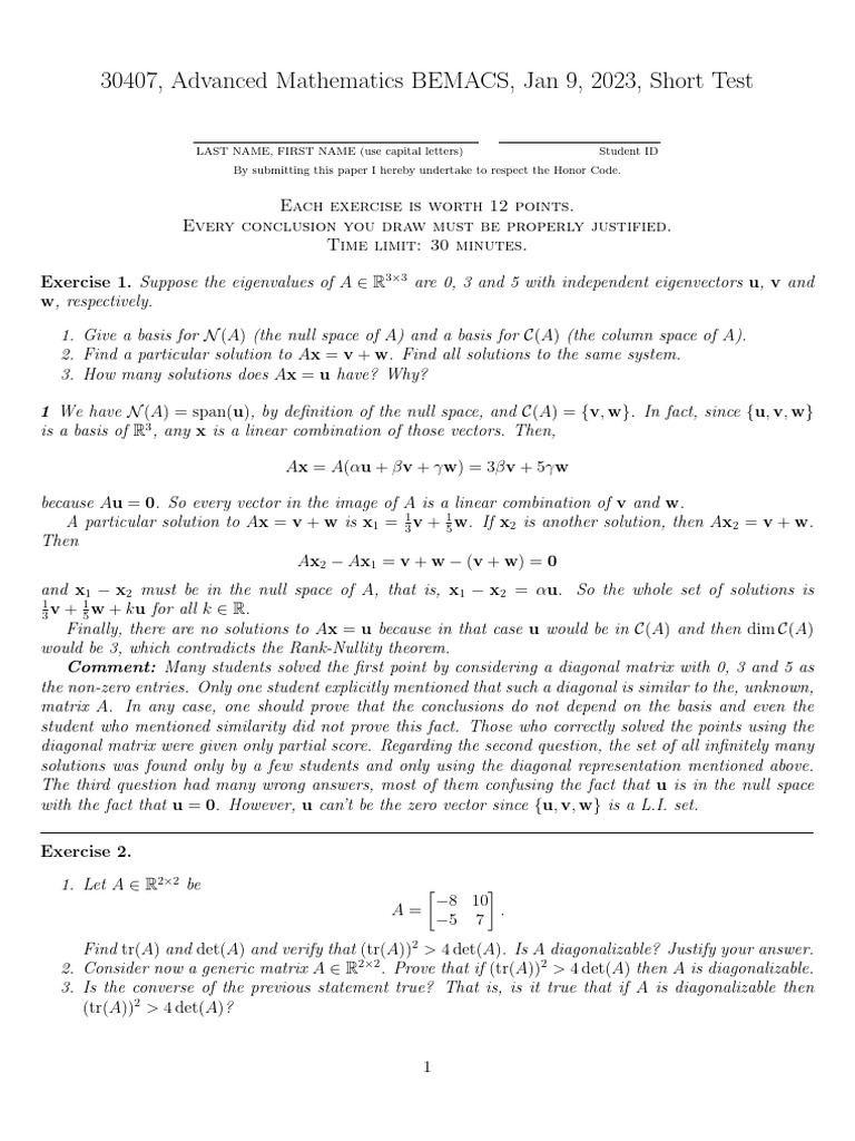 (2022) 30407 - Exam - Solution | PDF | Eigenvalues And Eigenvectors | Basis (Linear Algebra)