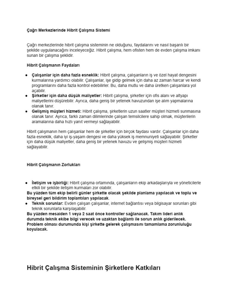 Çağri Merkezi̇ Hi̇bri̇t Çalişma Si̇stemi̇ Hakkinda Sun... | PDF