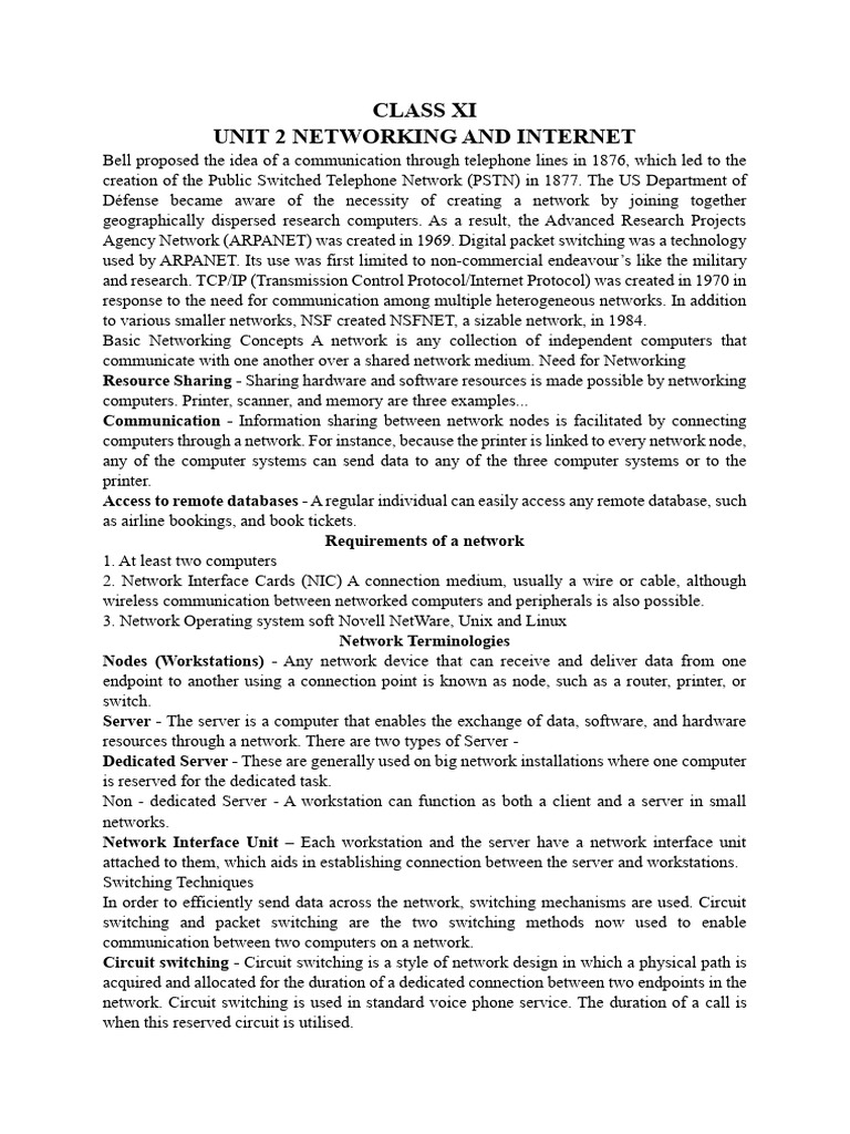 Class Xi Unit-2 Networking and Internet Quick Notes and MCQ | PDF ...