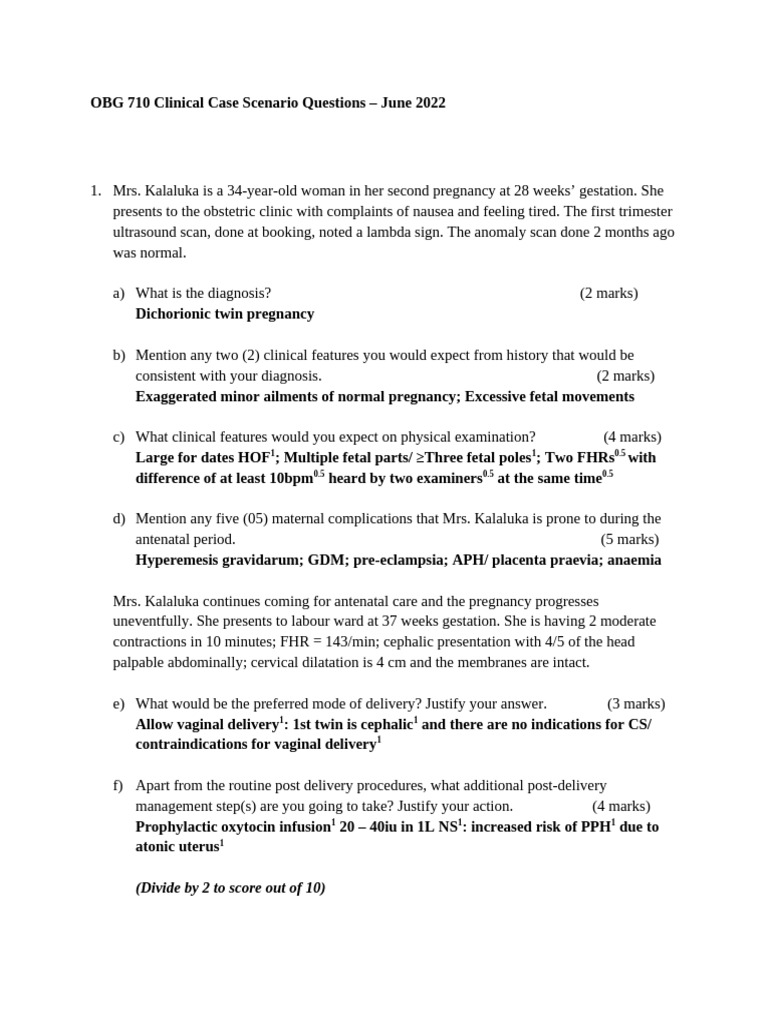 OBG 710 Scenario Questions | PDF | Childbirth | Pregnancy