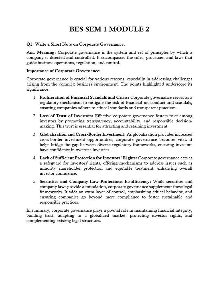 BES SEM 1 MODULE 2 | PDF | Corporate Governance | Governance