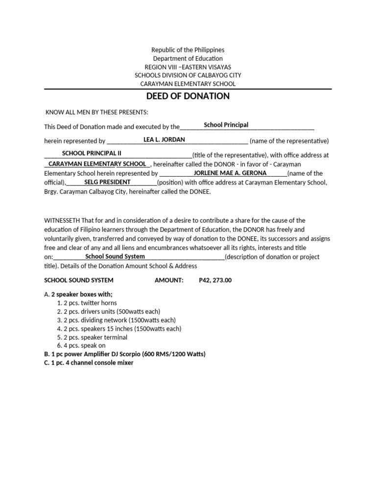 DEED OF DONATION | PDF | Computer Engineering | Sound Production Technology