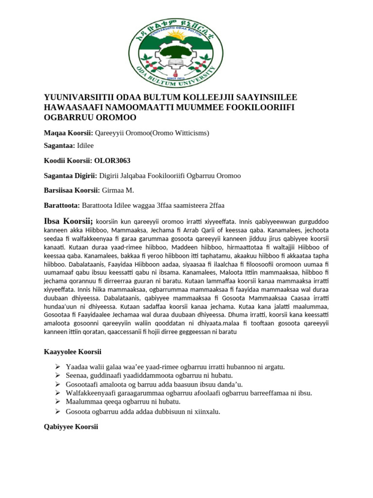 Ganna..Seensa Ogbarruu-Toorii Koorsii | PDF