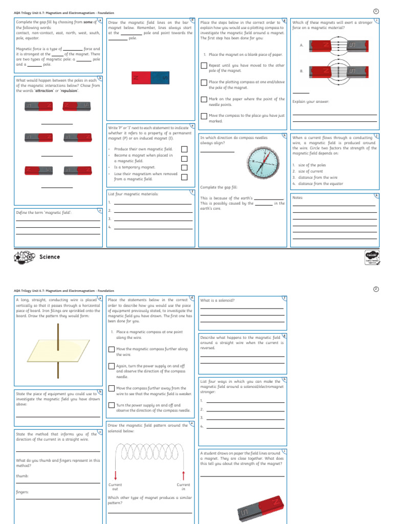 Unit 7 Magnetism and Electromagnetism Foundation Revision Activity Mat ...