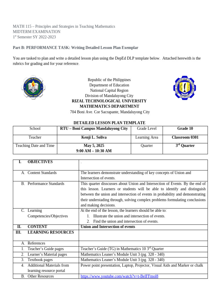 Detailed Lesson Plan - Template (KENJI L. SOLIVA) | PDF | Lesson Plan