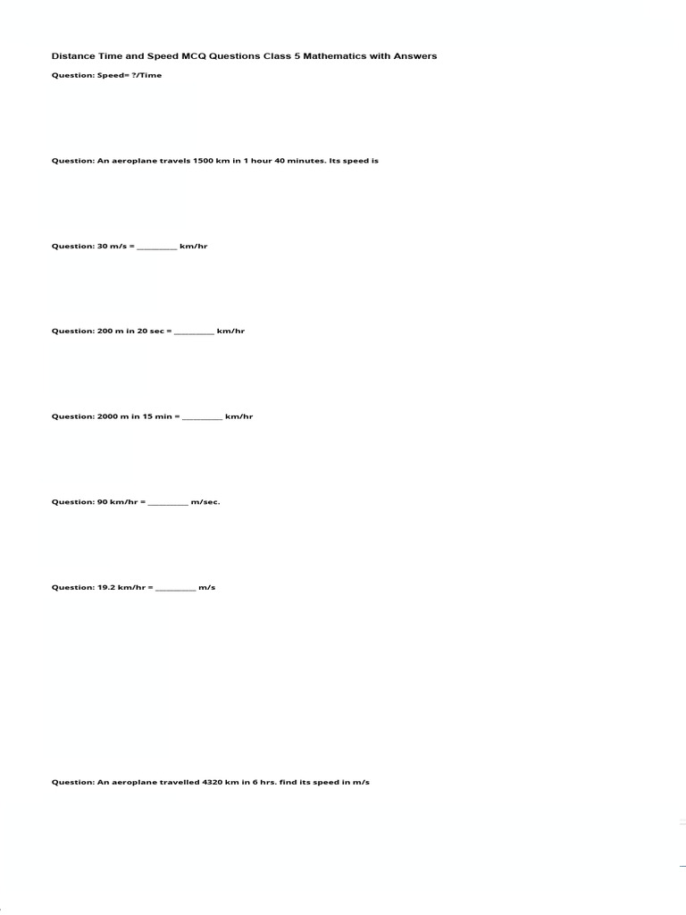 Class 5 Speed, Distance, Time MCQs | PDF | Multiple Choice ...