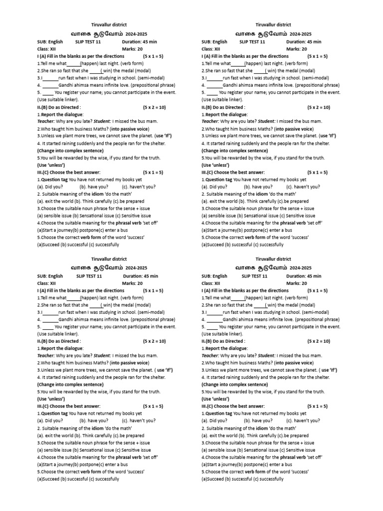 English Slip Test for Class XII 2024-2025 | PDF | Semantics ...