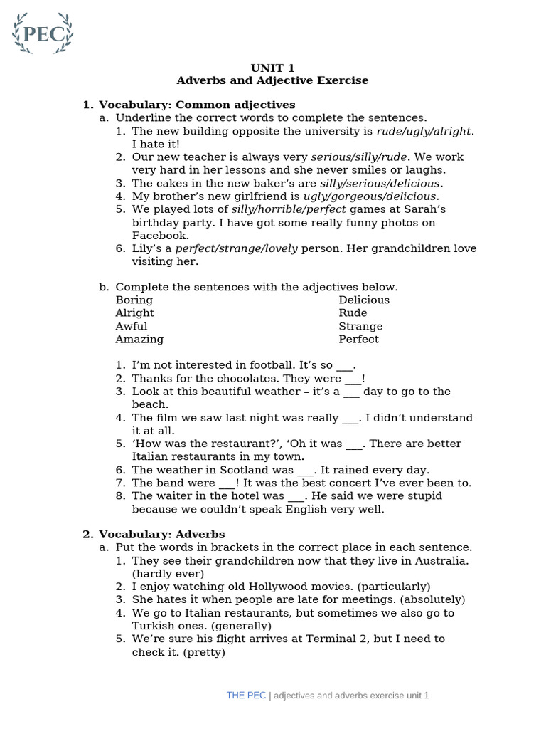Adjectives and Adverbs Exercise Unit 1 | PDF | Adverb