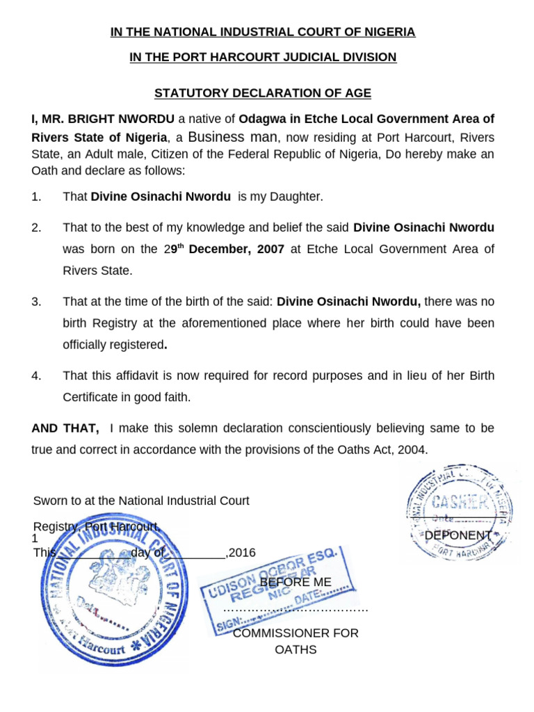 Age Declaration Divine Osinachi | PDF
