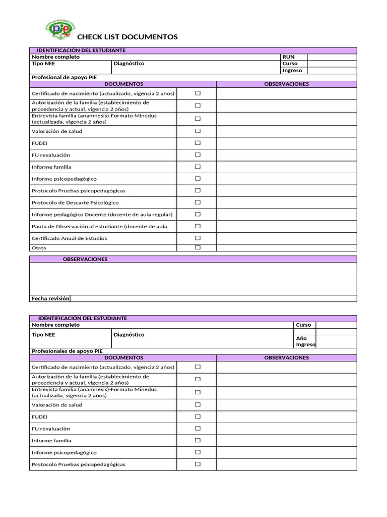 Checklist Documentos Pie Ejemplo de Documento | PDF | Cuidado de la salud | Medicina