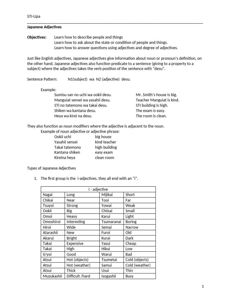 FORLANG HO1 Japanese Adjectives | PDF | Japanese Language | Adjective