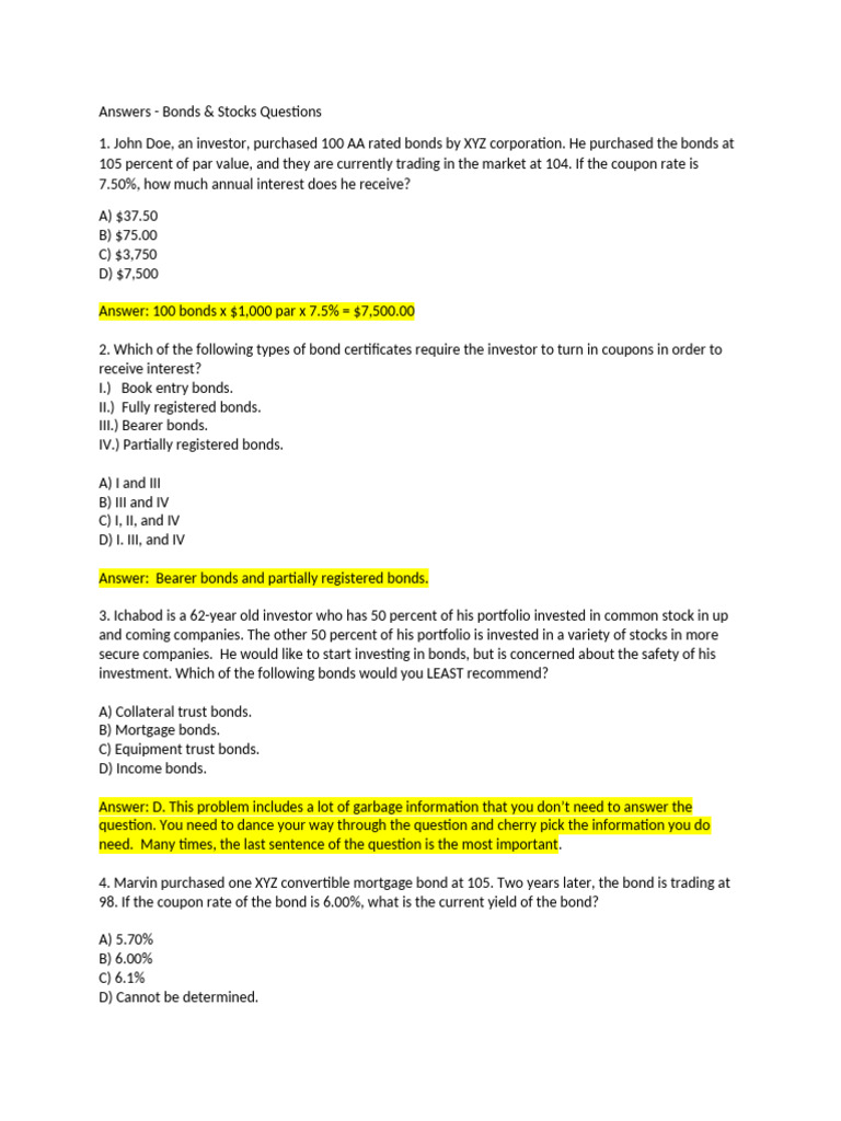 Answers Bonds And Stock Questions Pdf Bonds Finance Yield Finance