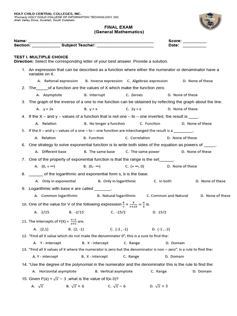 Gen-Final Exam Grade 11-Simon T. Tanael | PDF | Function (Mathematics ...