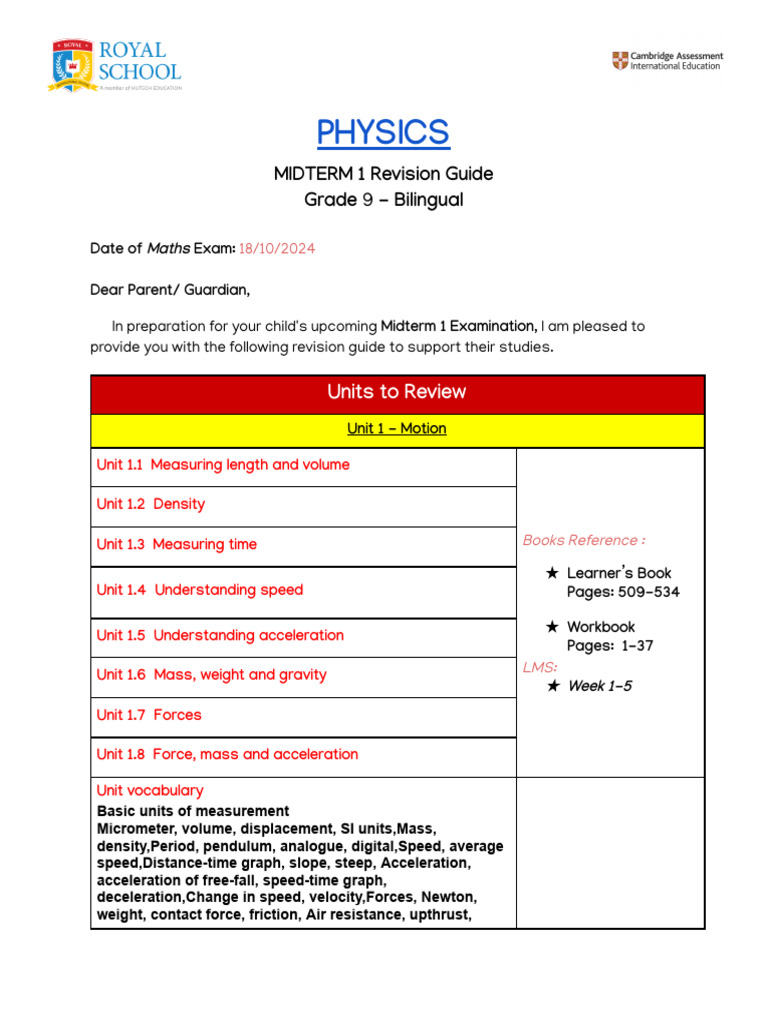 Grade 9 Physics Midterm 1 Revision Guide | PDF