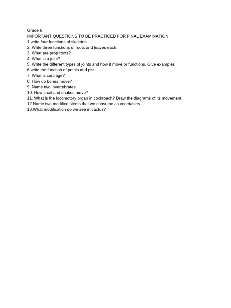 Grade 6 Final Exam Study Questions | PDF