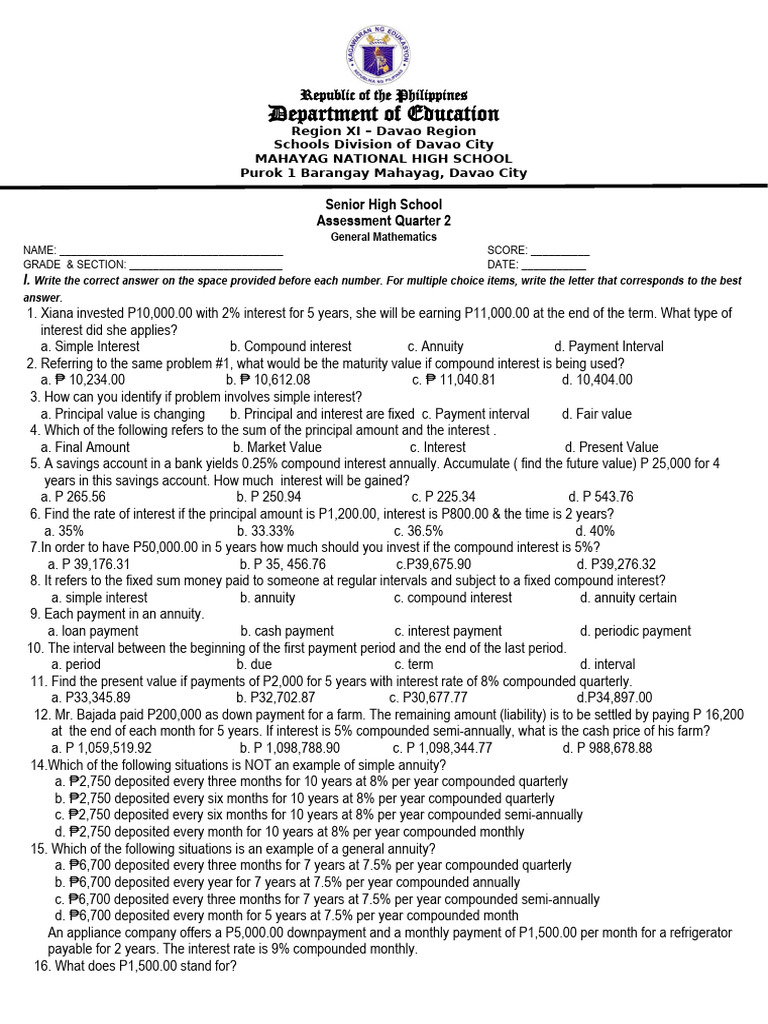 Gen Math Assessment | PDF | Interest | Compound Interest