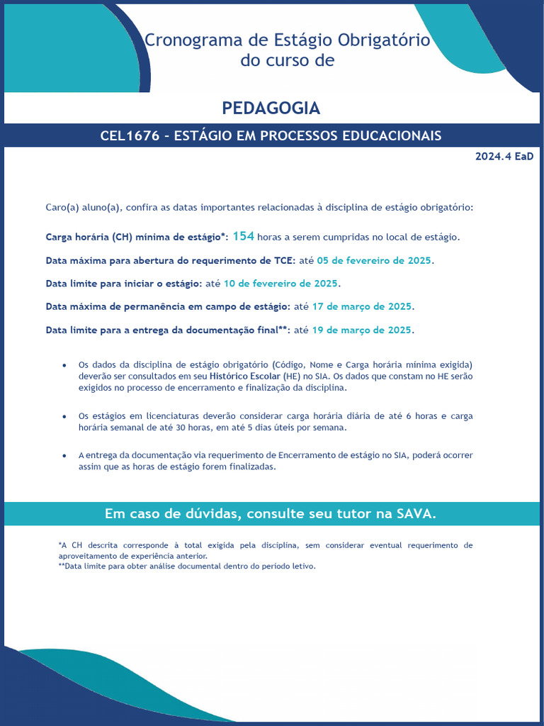 Cronograma de Est Gio em PEDAGOGIA CEL1676 | PDF