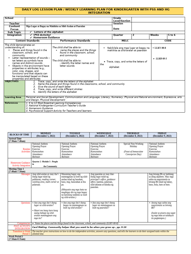 Kindergarten-DLL-MELC-Q2-Week 5 - HG | PDF | Question | Classroom