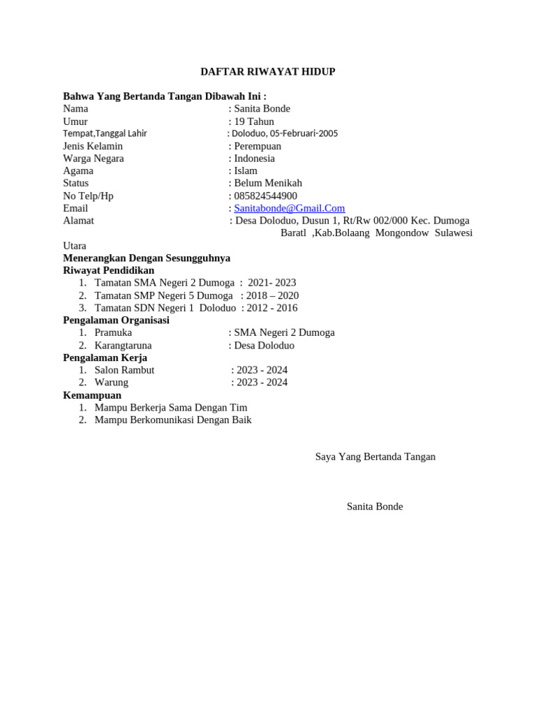 DAFTAR RIWAYAT HIDUP Intok | PDF