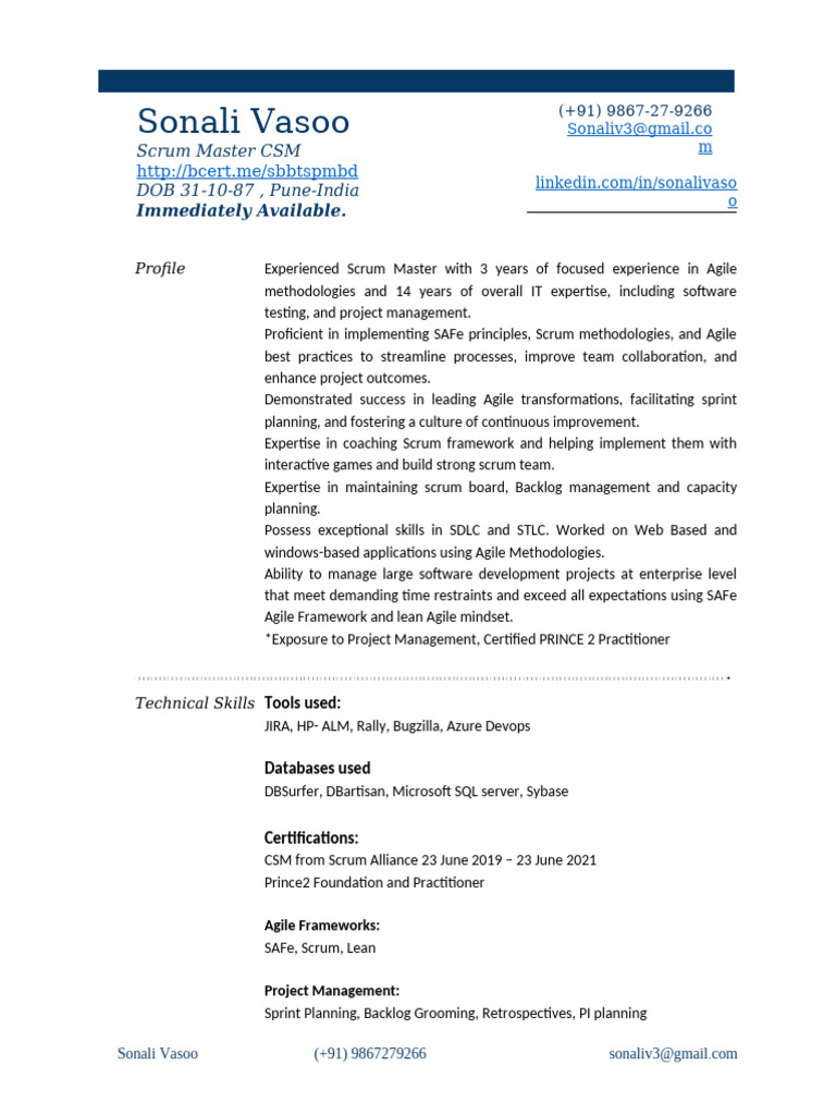 Experienced Scrum Master Profile | PDF | Scrum (Software Development ...