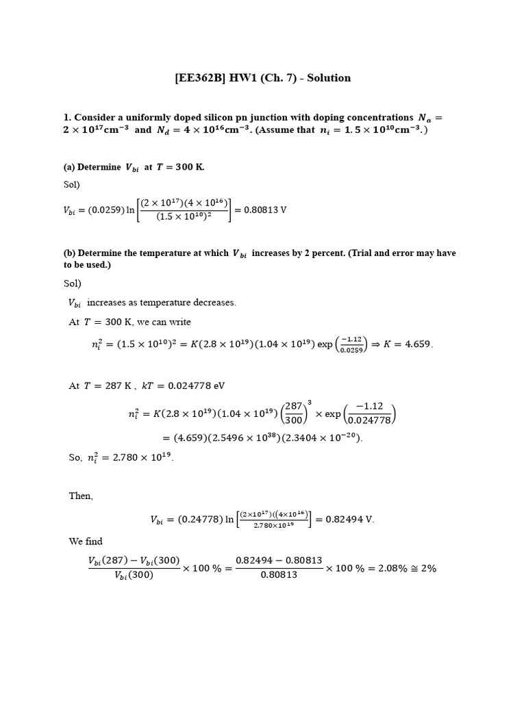 [EE362(B)] HW1_solution | PDF | Semiconductors | Condensed Matter Physics