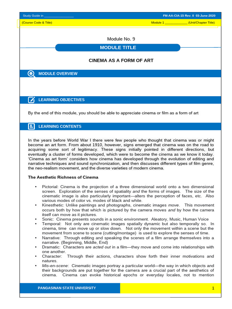 Module 9 Cinema As A Form of Art | PDF | Play (Theatre) | Comedy