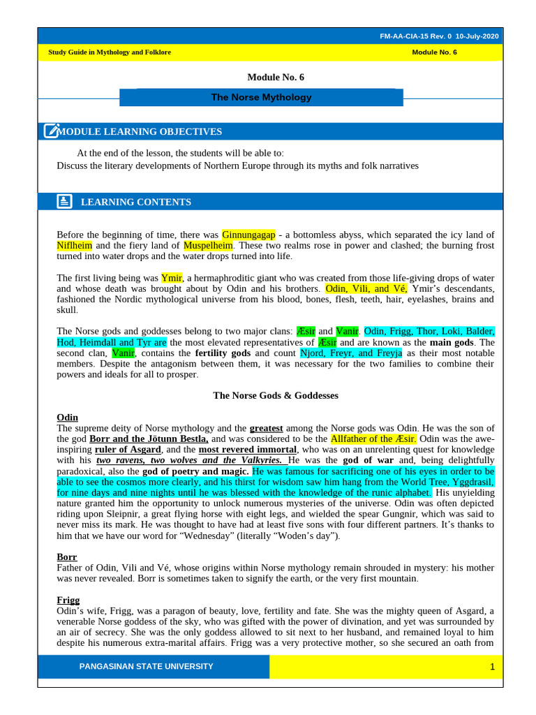 Mythology and Folklore Module 6 | PDF | Norse Mythology | Æsir