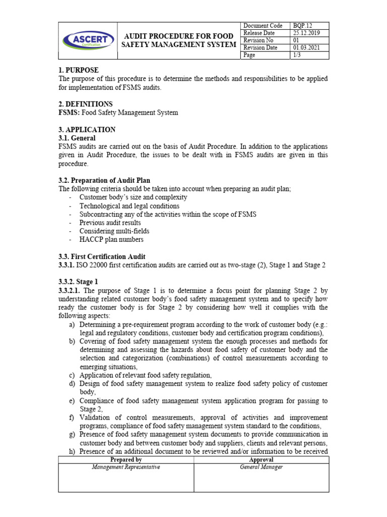 BQP.12 Audit Procedure For FSMS Rev.01 | PDF | Audit | Food Safety
