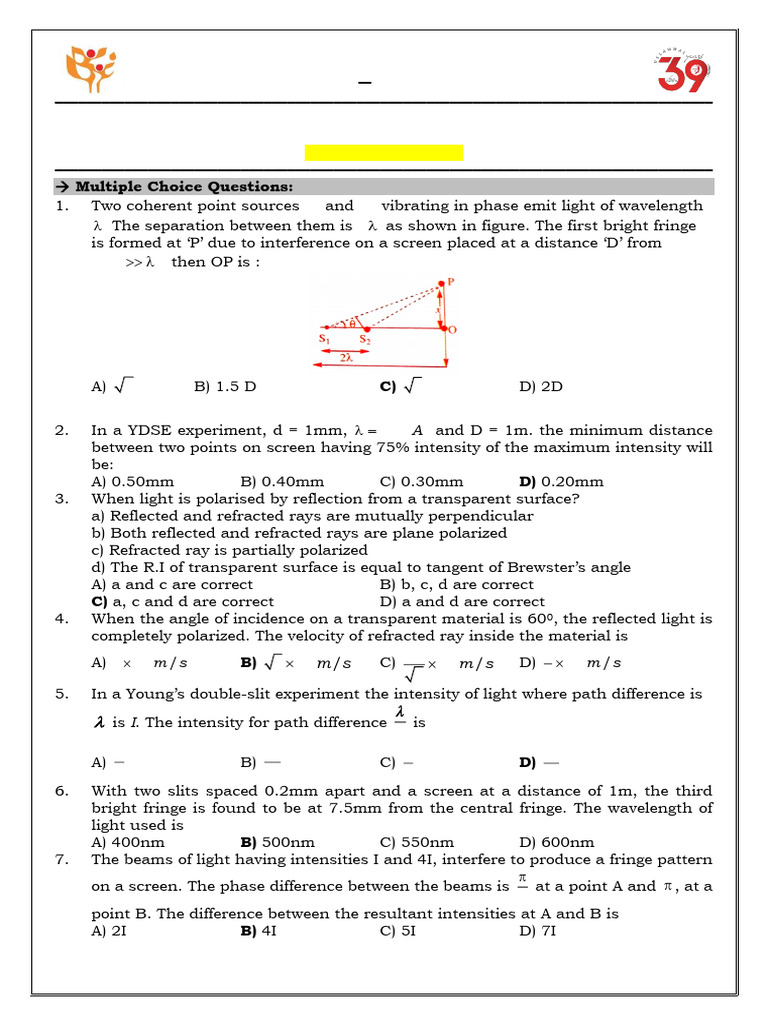 23. Wave Optics - Physics - Iit Work Sheet 2024-25 | PDF | Diffraction | Polarization (Waves)
